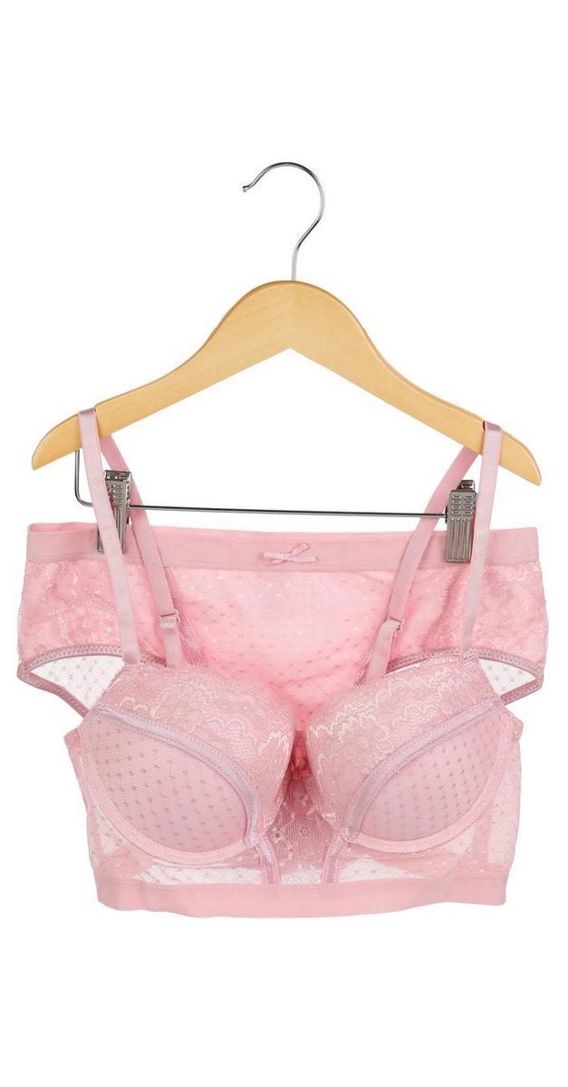 Lace Overlay Push Up Bra And Panty Set Pink Burkes Outlet